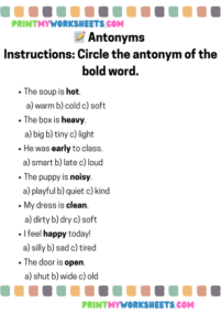 1st Grade Antonyms Worksheets PDF - Free Vocabulary Practice - Print My ...