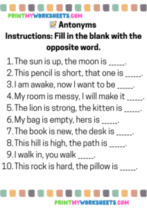 1st Grade Antonyms Worksheets PDF - Free Vocabulary Practice - Print My ...