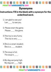 1st Grade Synonyms Worksheets PDF | Free Downloadable - Print My Worksheets