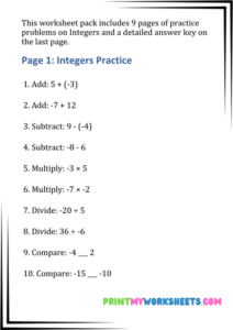 6th Grade Integers Worksheets PDF | Free Math Downloadable - Print My ...