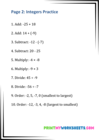6th Grade Integers Worksheets PDF — Free with Answer Key - Print My ...