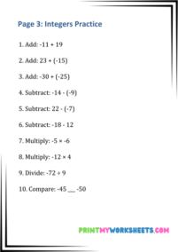 6th Grade Integers Worksheets PDF | Free Math Downloadable - Print My ...