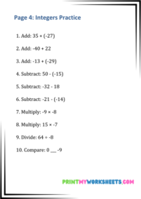6th Grade Integers Worksheets PDF | Free Math Downloadable - Print My ...