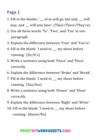 6th Grade Homophones and Homonyms Worksheets PDF | Free Downloadable ...