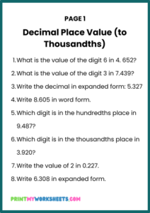 5th Grade Decimals Worksheets PDF – Easy Home Math Practice and Review ...