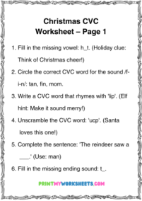Kindergarten Christmas CVC Worksheets PDF – Holiday Phonics Practice ...