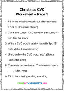 Kindergarten Christmas CVC Worksheets PDF – Holiday Phonics Practice ...