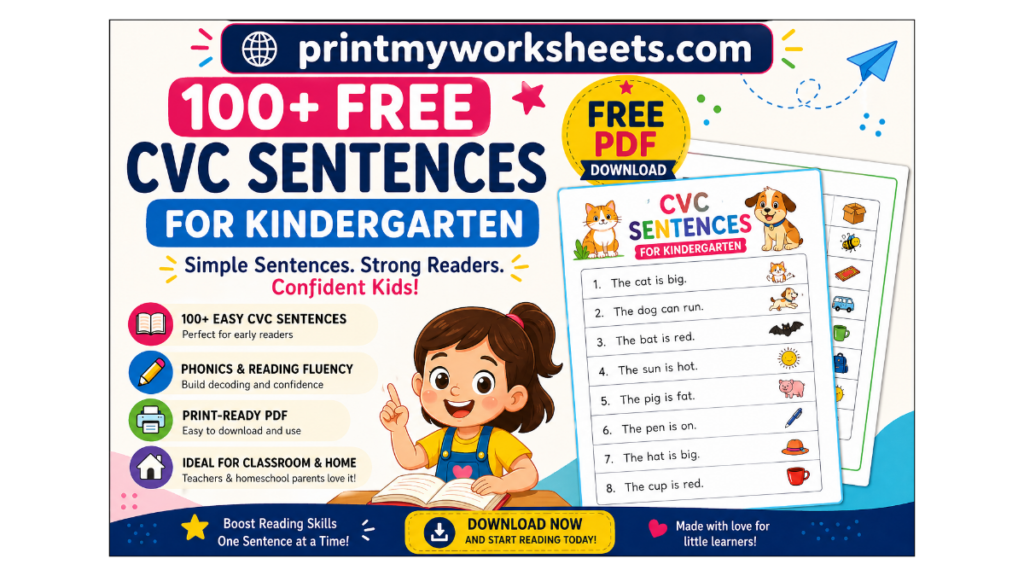 100+ Free CVC Sentences for Kindergarten — PDF Download - Print My ...